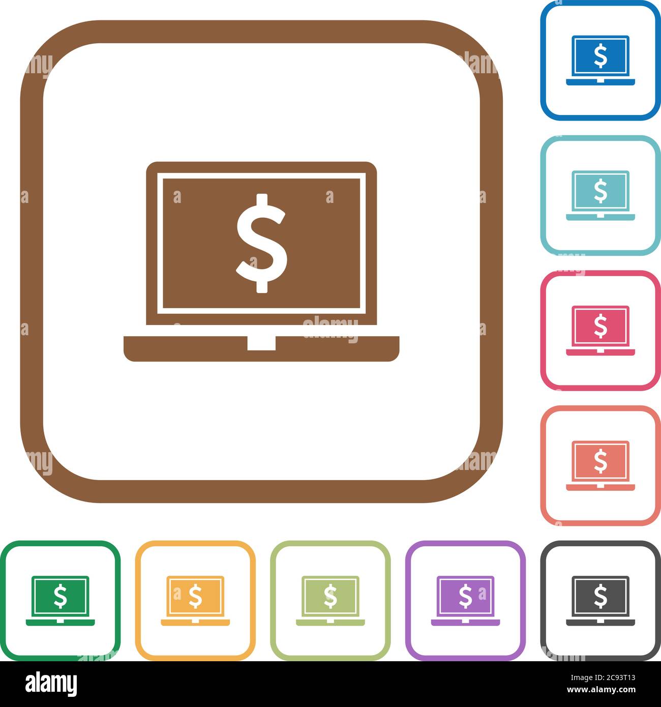 Laptop with Dollar sign simple icons in color rounded square frames on ...
