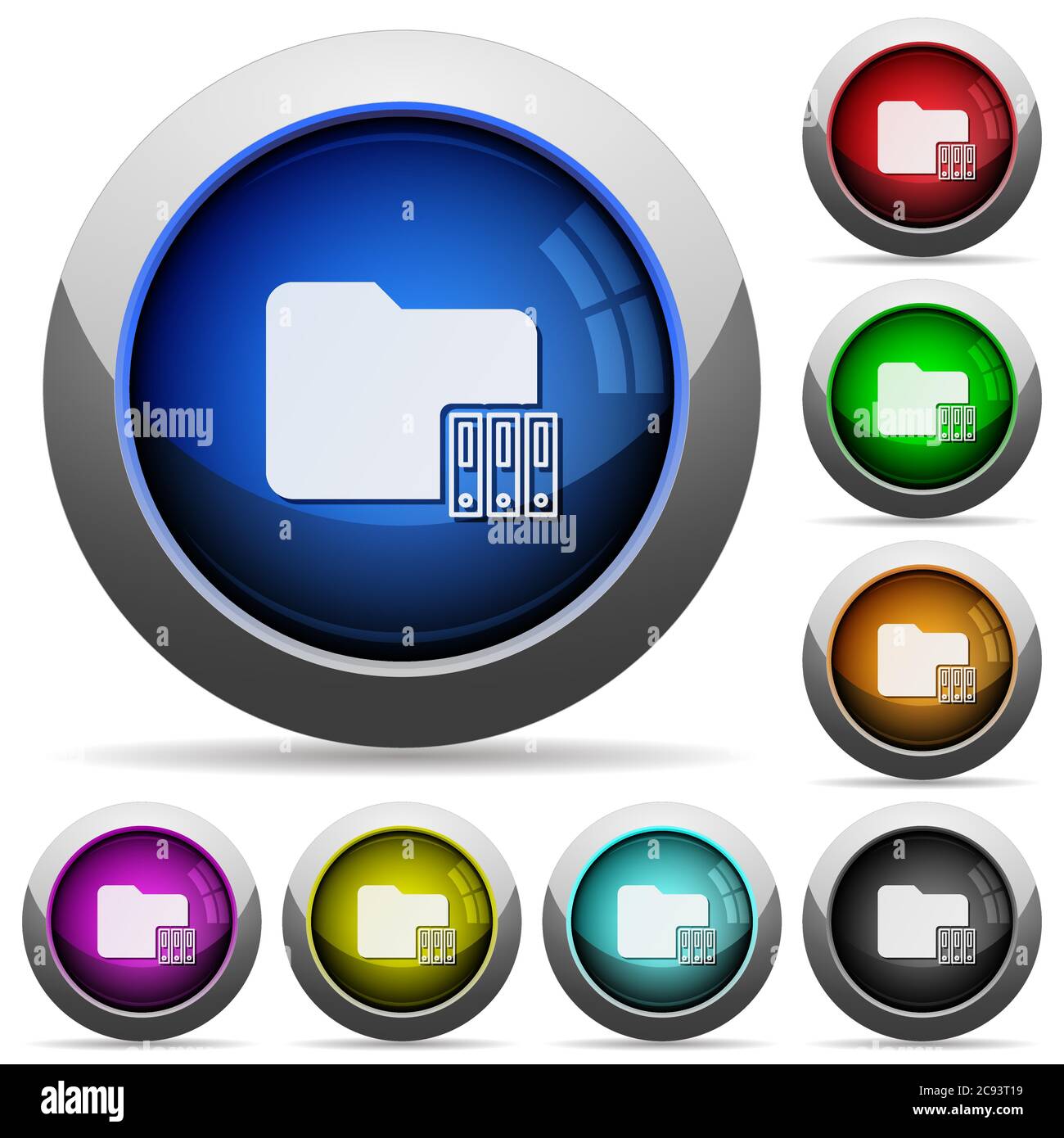 Organize folder icons in round glossy buttons with steel frames Stock ...