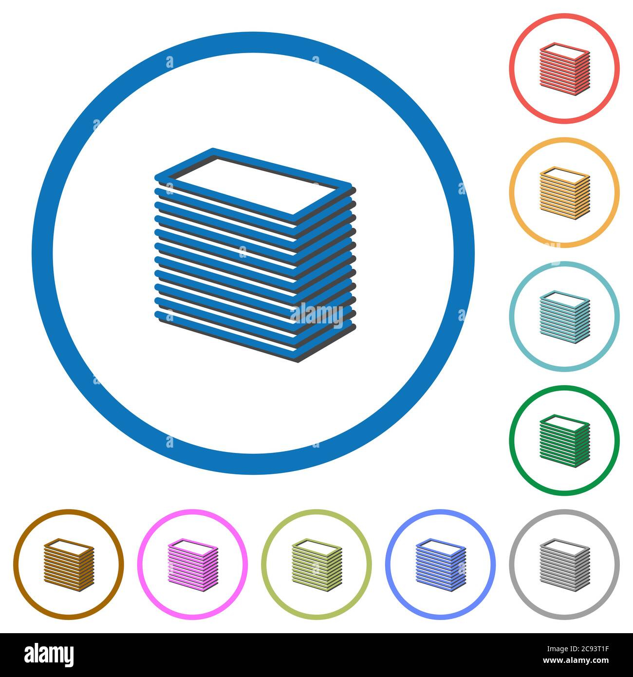Paper stack flat color vector icons with shadows in round outlines on ...