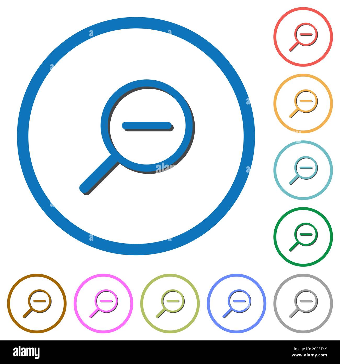 Zoom out flat color vector icons with shadows in round outlines on ...