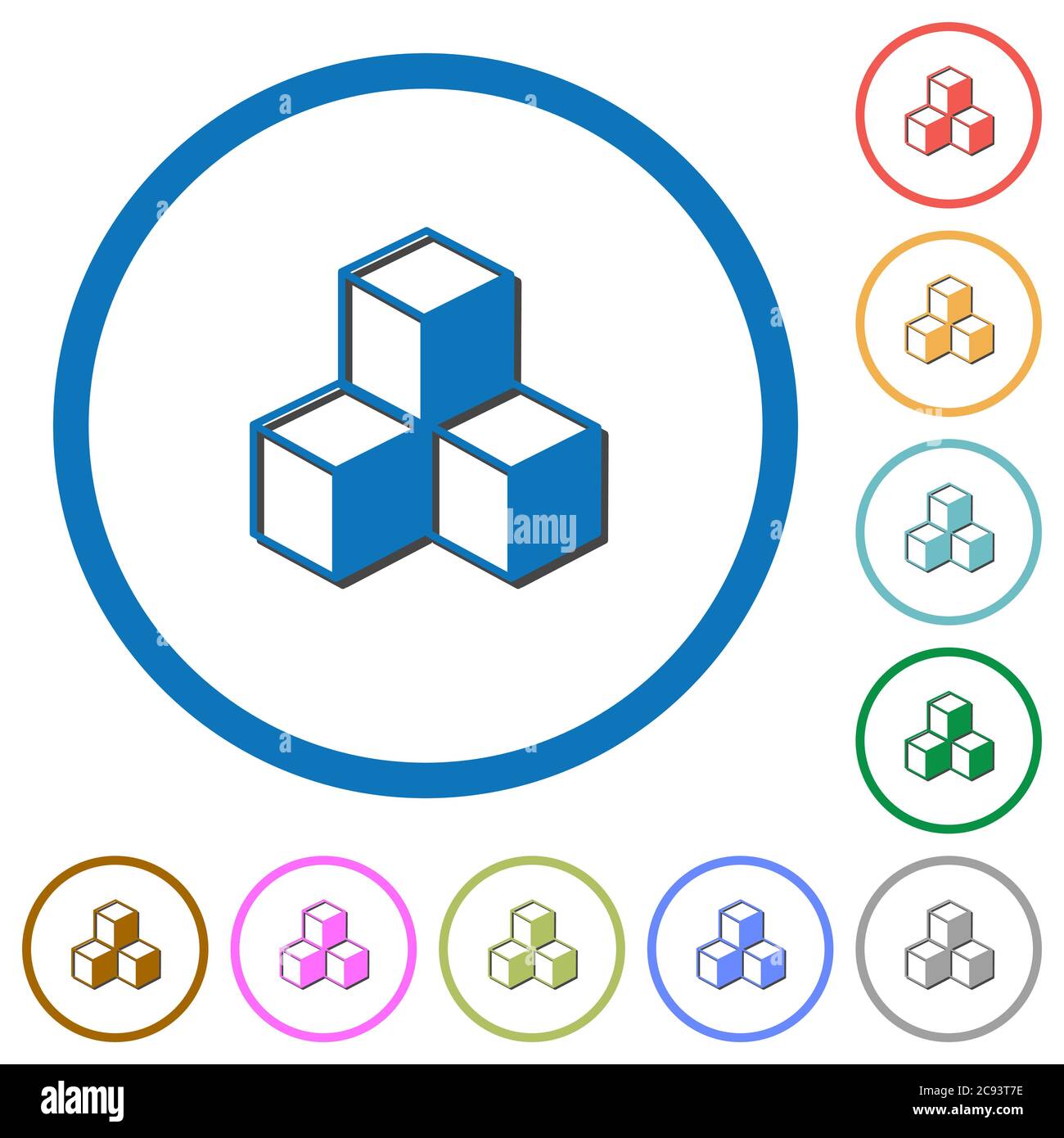 Cubes flat color vector icons with shadows in round outlines on white ...