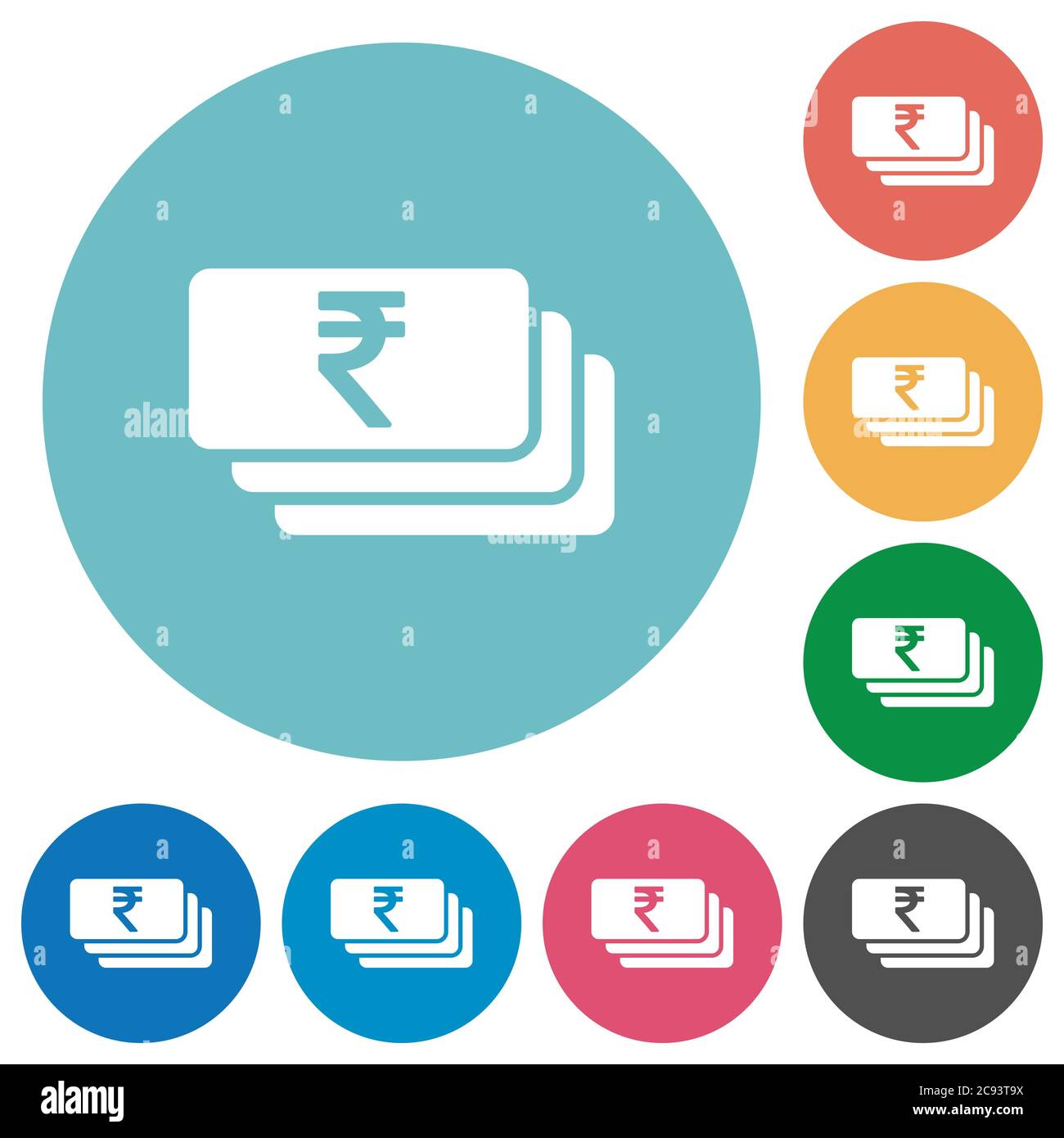 Indian Rupee banknotes flat white icons on round color backgrounds ...