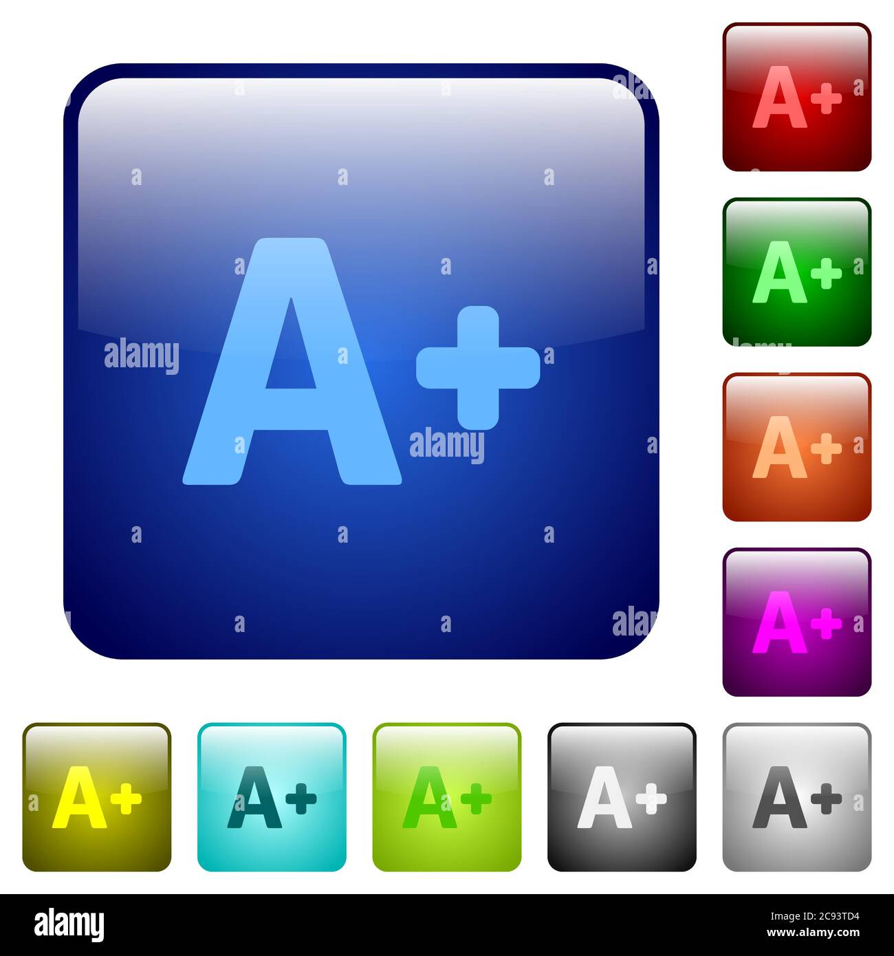 Increase Font Size Icons In Rounded Square Color Glossy Button Set