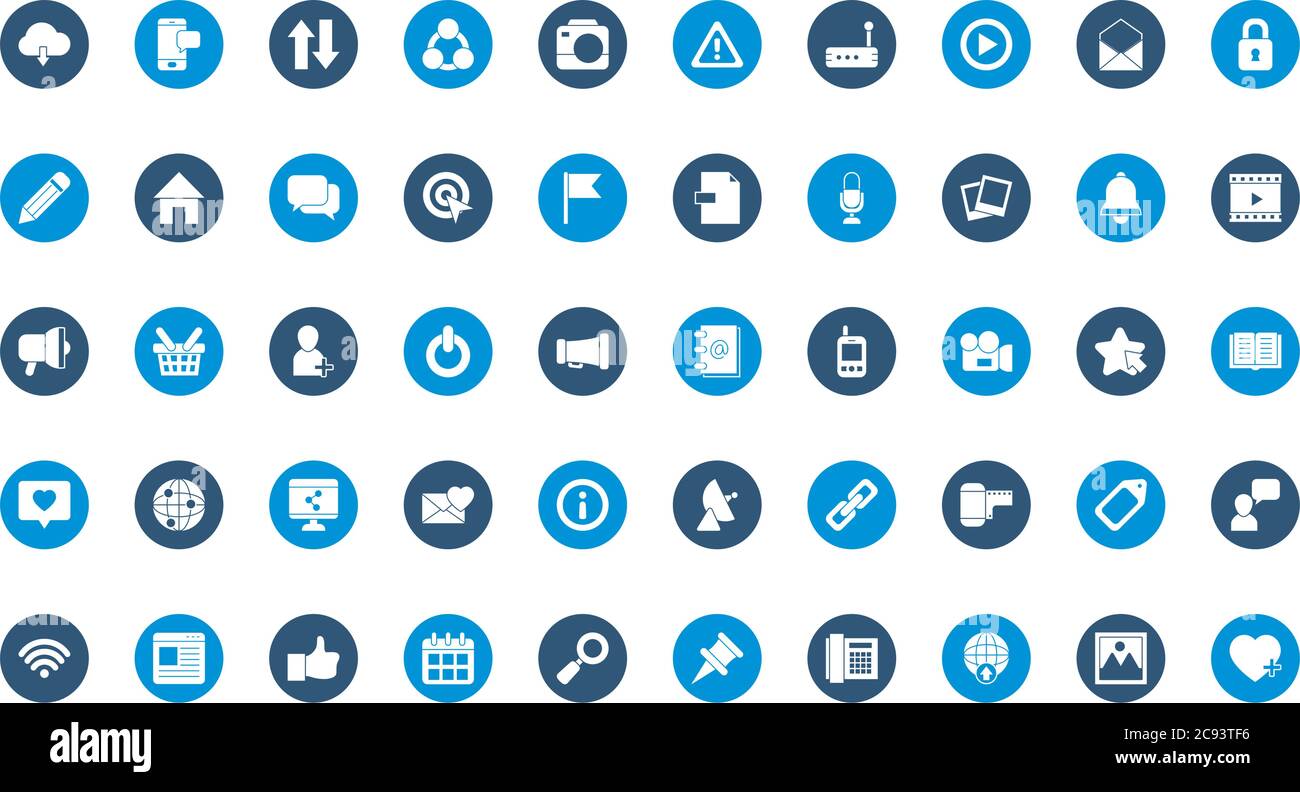 social media icon set over white background, block style, vector ...