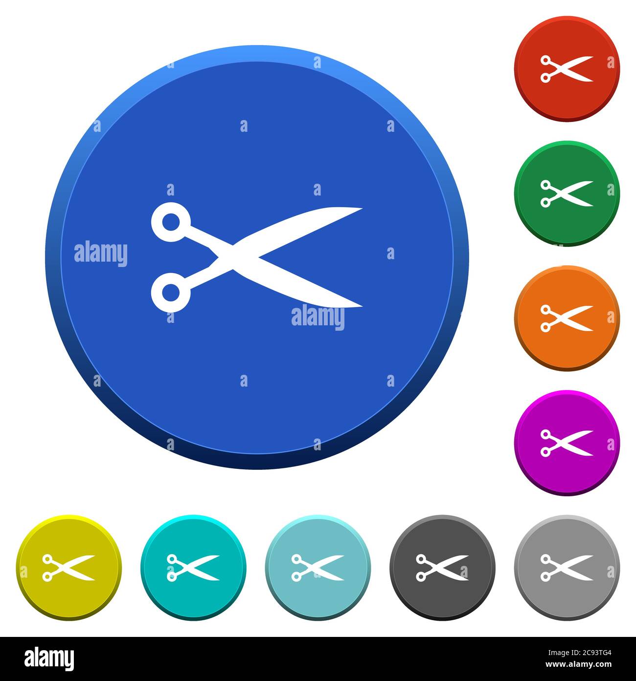 Cut with scissors round color beveled buttons with smooth surfaces and ...