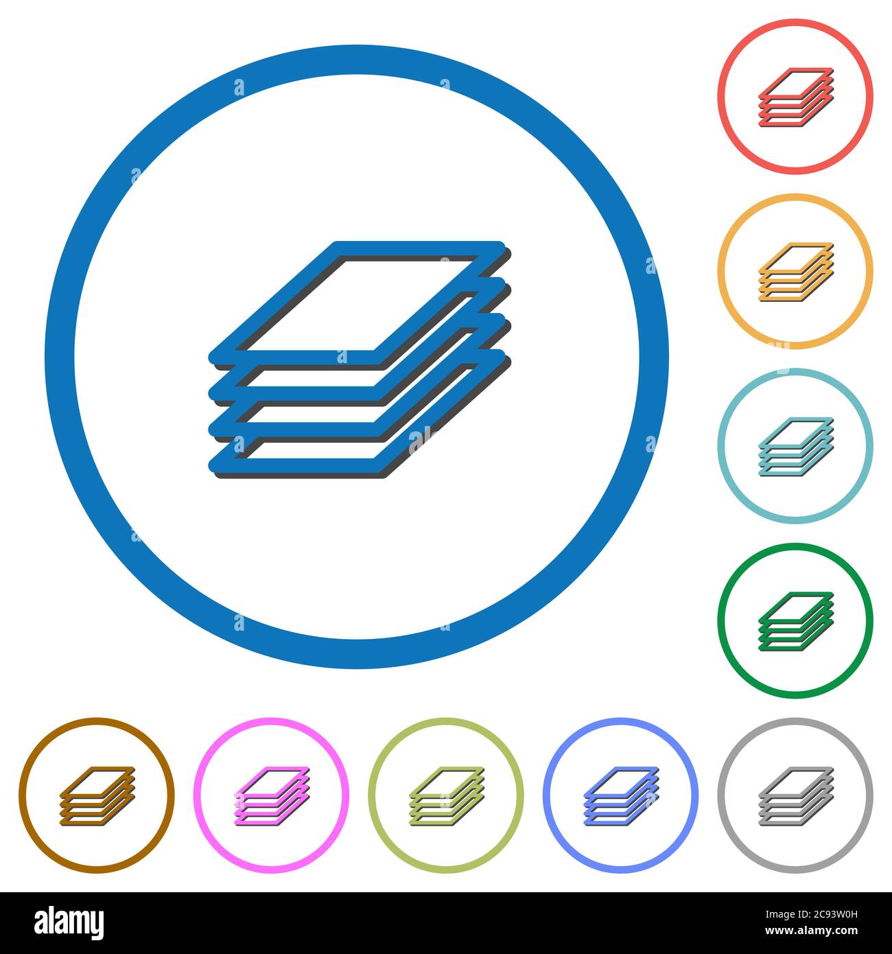 Printing papers flat color vector icons with shadows in round outlines on white background Stock ...