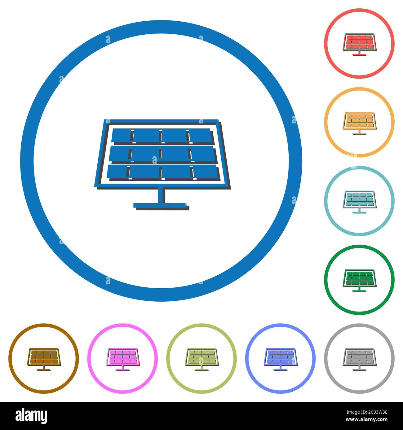 Solar panel flat color vector icons with shadows in round outlines on ...