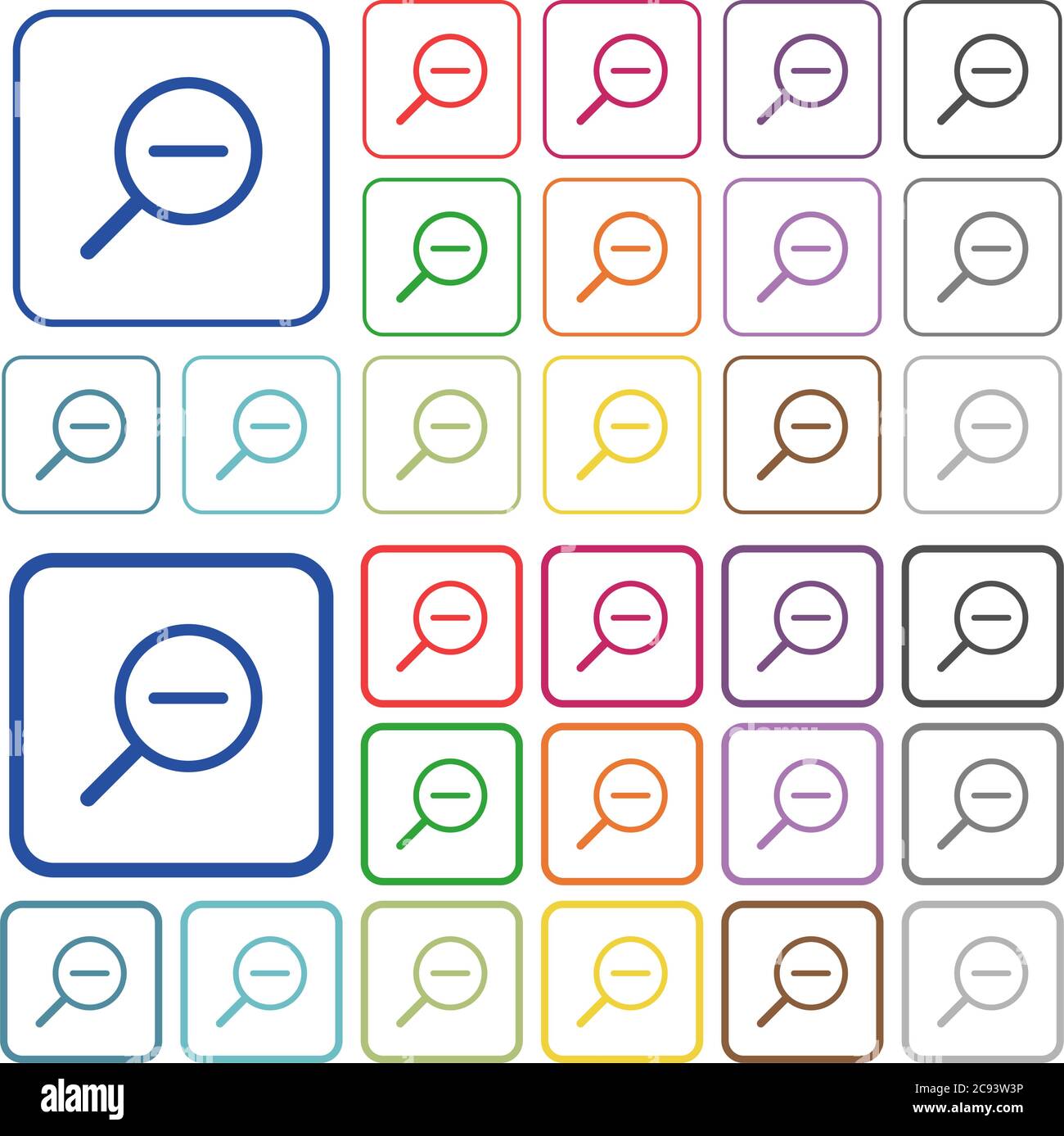 Zoom out color flat icons in rounded square frames. Thin and thick ...