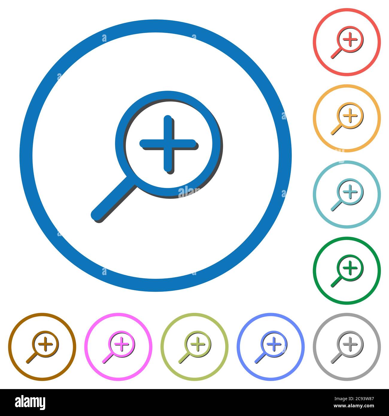 Zoom in flat color vector icons with shadows in round outlines on white ...