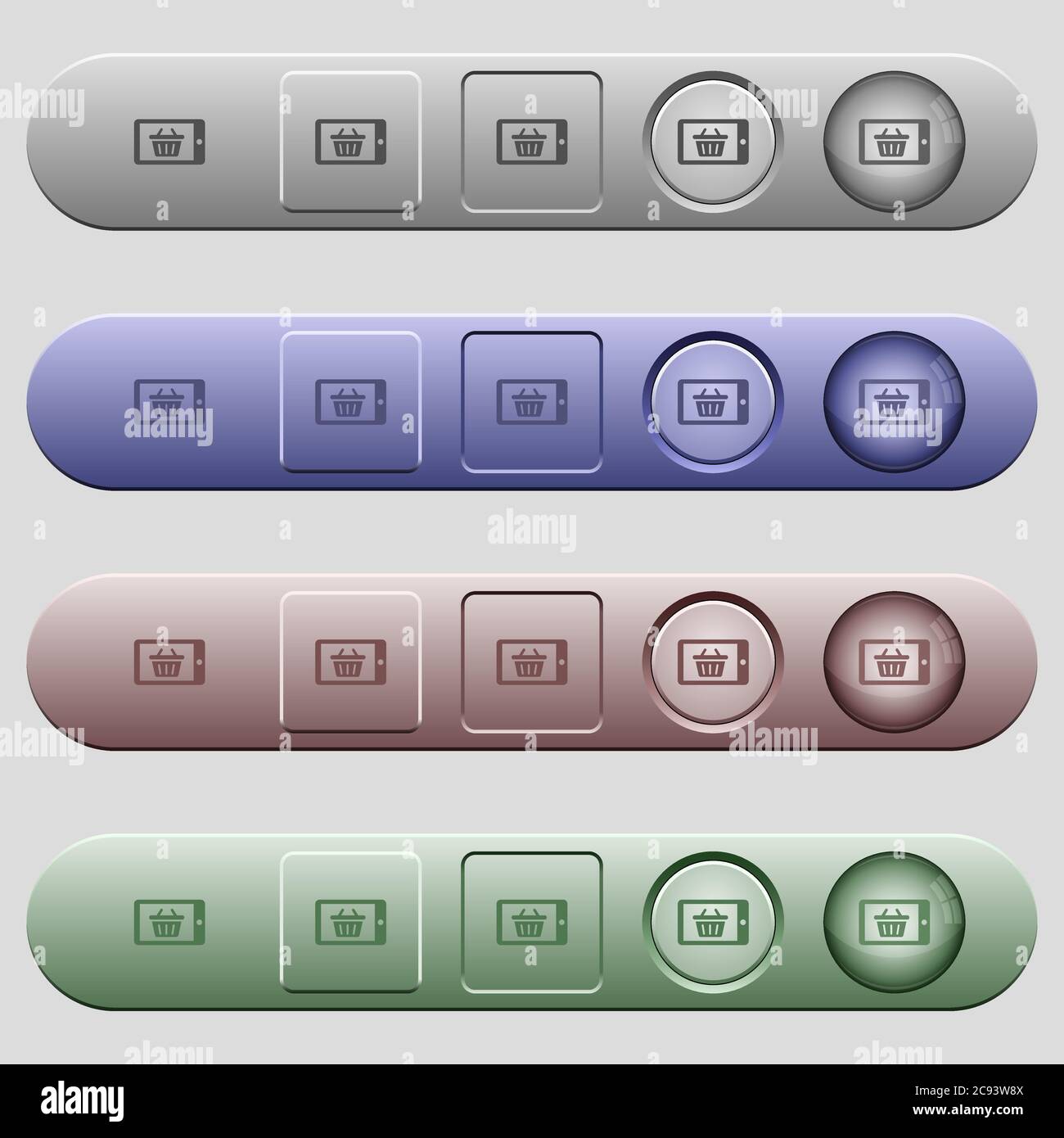 Mobile shopping icons on rounded horizontal menu bars in different colors and button styles ...
