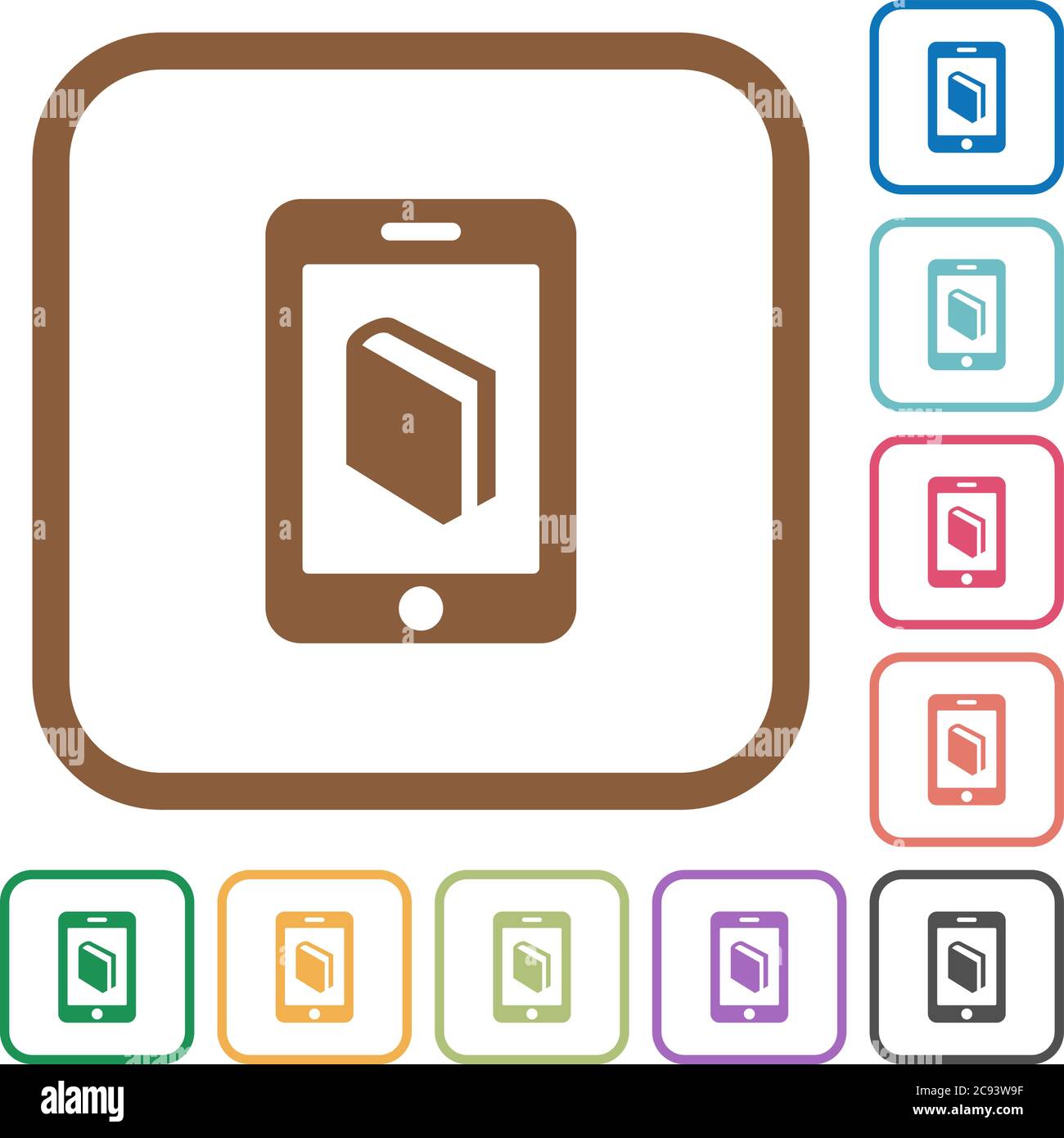 E-book simple icons in color rounded square frames on white background ...