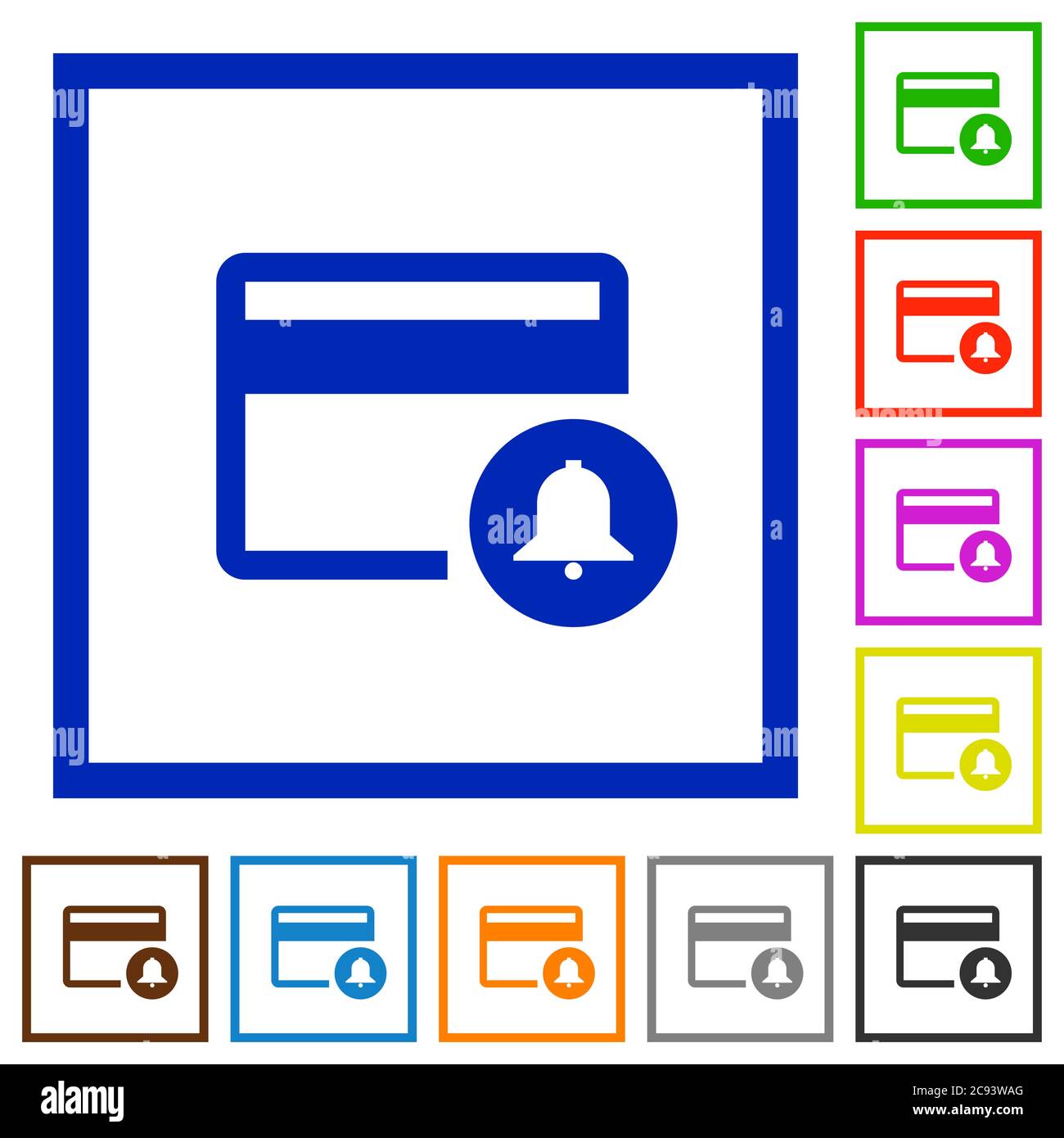 Credit card transaction alerts flat color icons in square frames on ...
