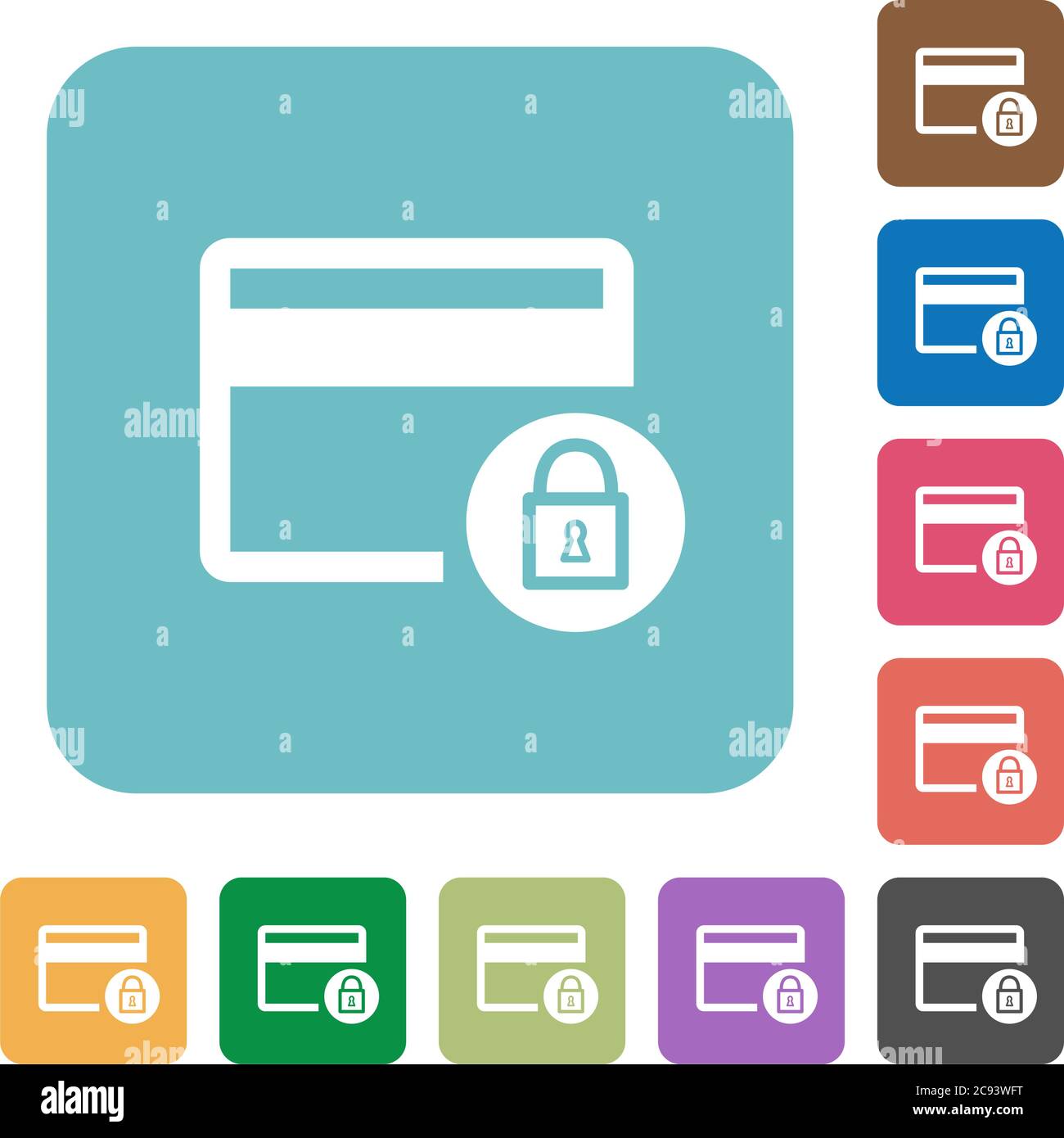 Lock credit card transactions white flat icons on color rounded square ...