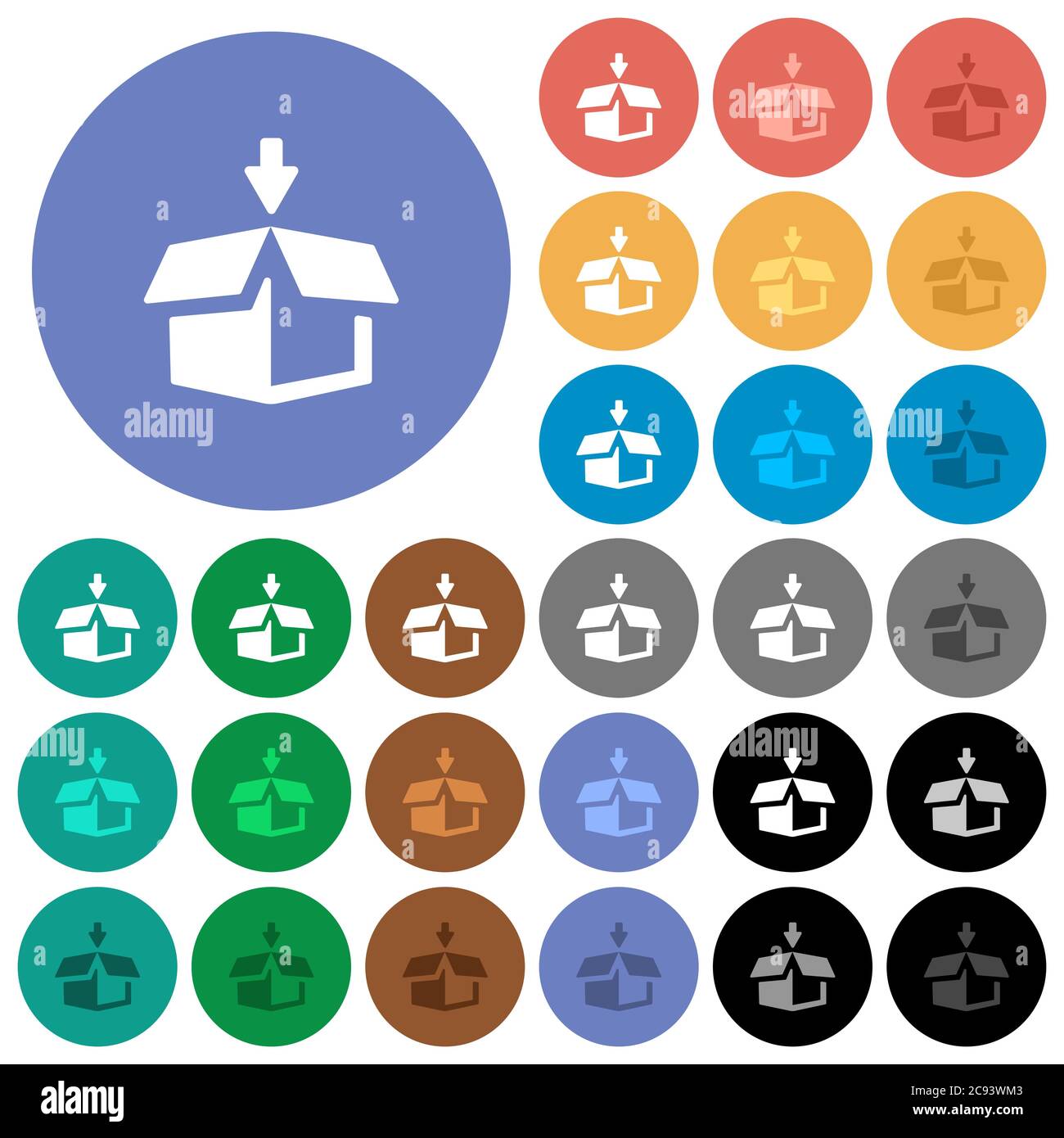 Pack to box multi colored flat icons on round backgrounds. Included ...