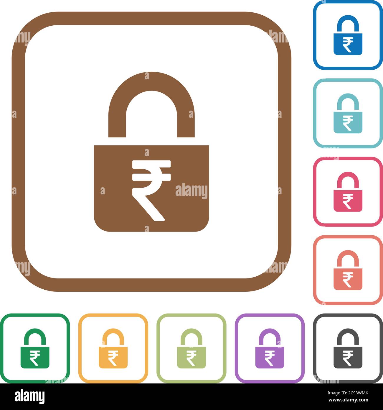 Locked rupees simple icons in color rounded square frames on white ...