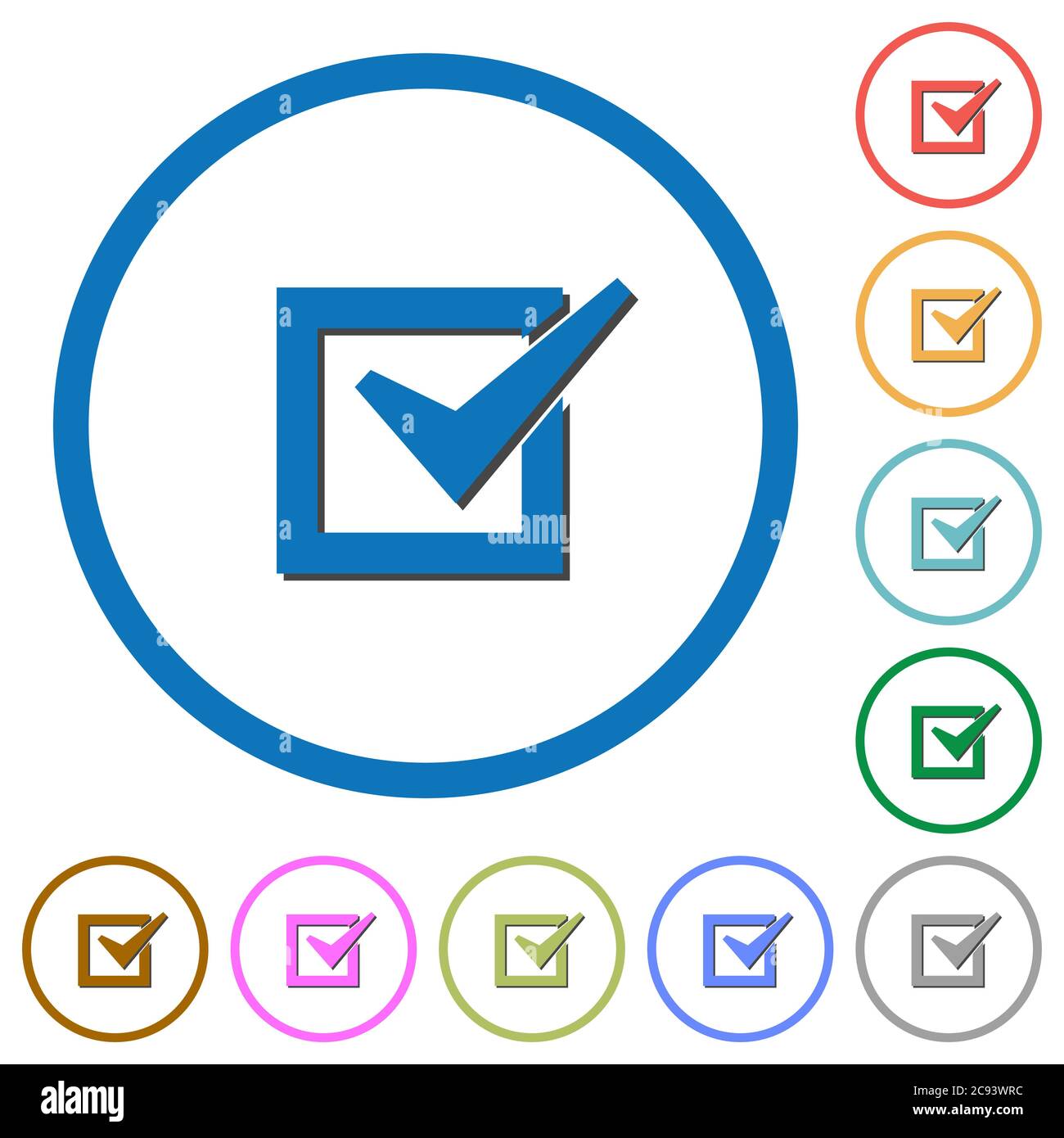 Checked box flat color vector icons with shadows in round outlines on ...