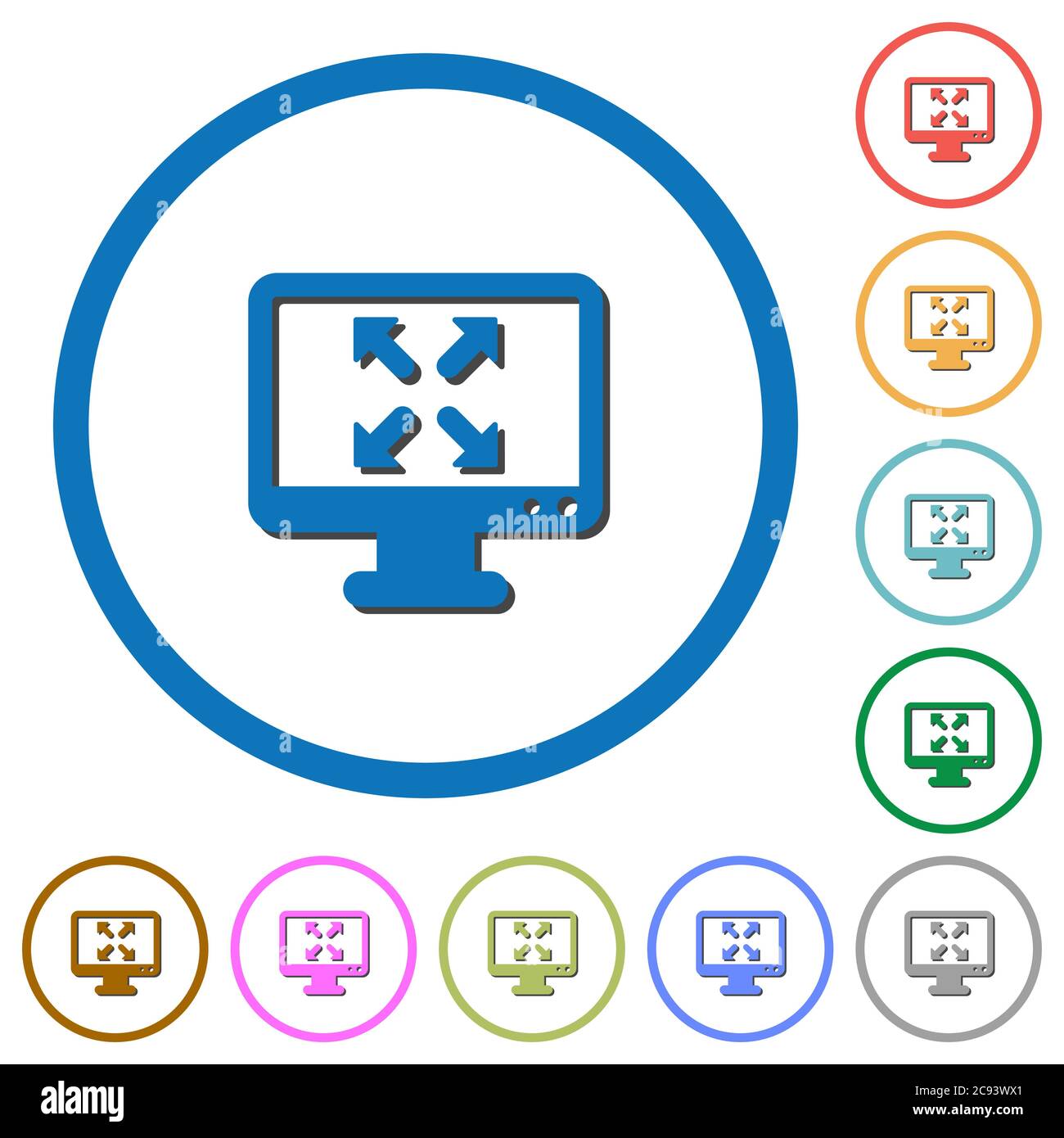 Change to fullscreen view flat color vector icons with shadows in round ...