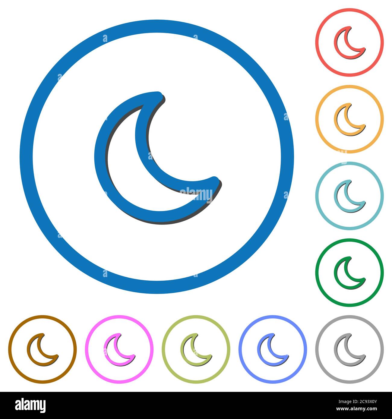 Moon shape flat color vector icons with shadows in round outlines on ...