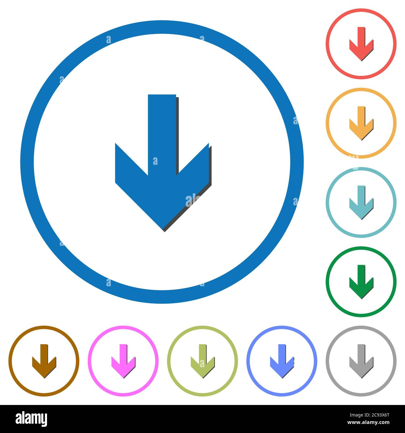 Down arrow flat color vector icons with shadows in round outlines on ...