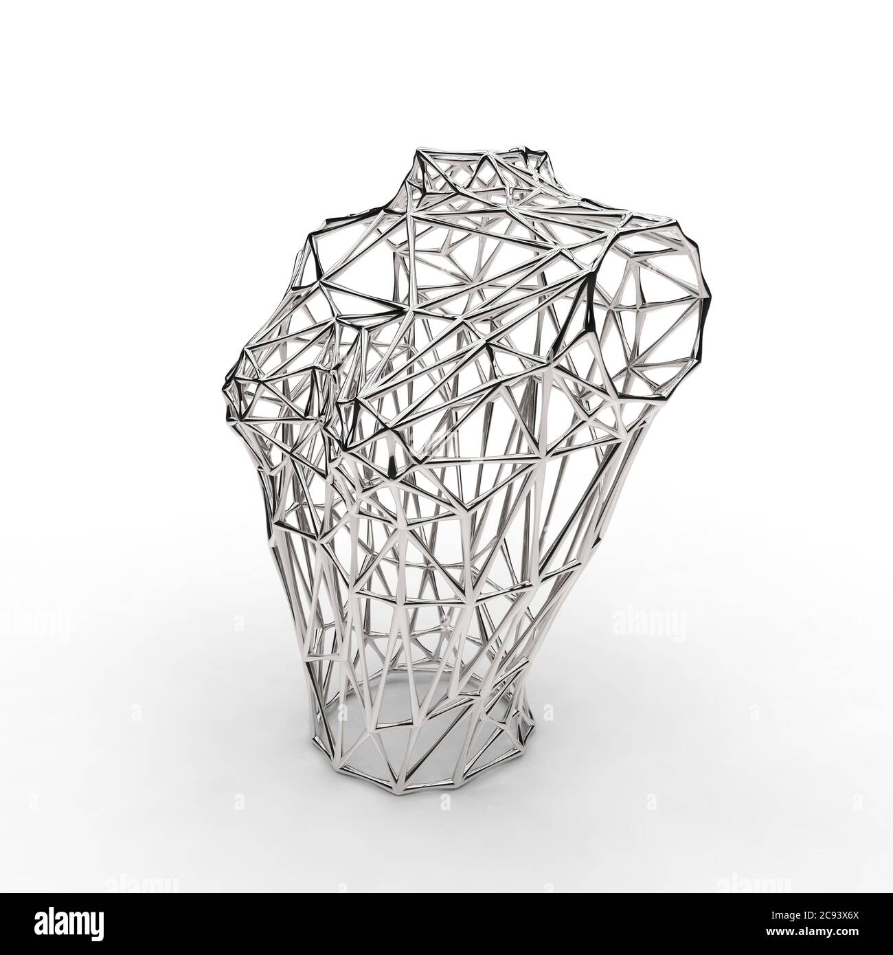Silver coloured female torso lattice structure on a white background ...