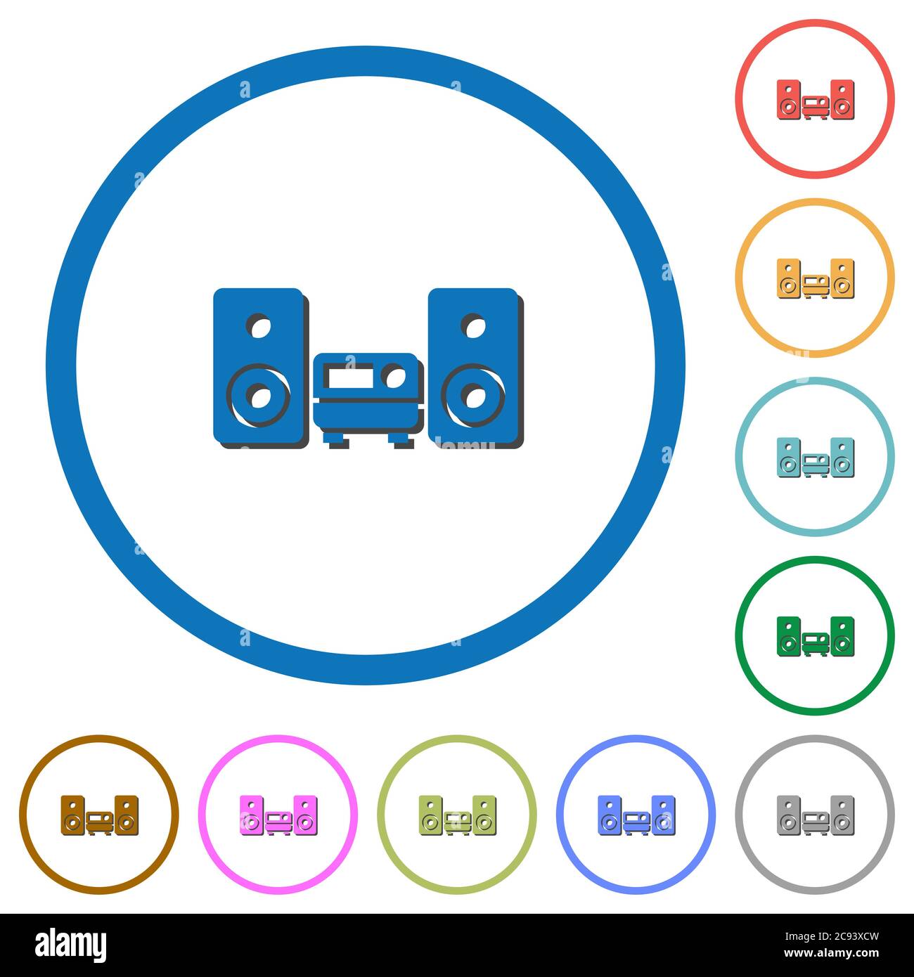 Stereo system flat color vector icons with shadows in round outlines on ...