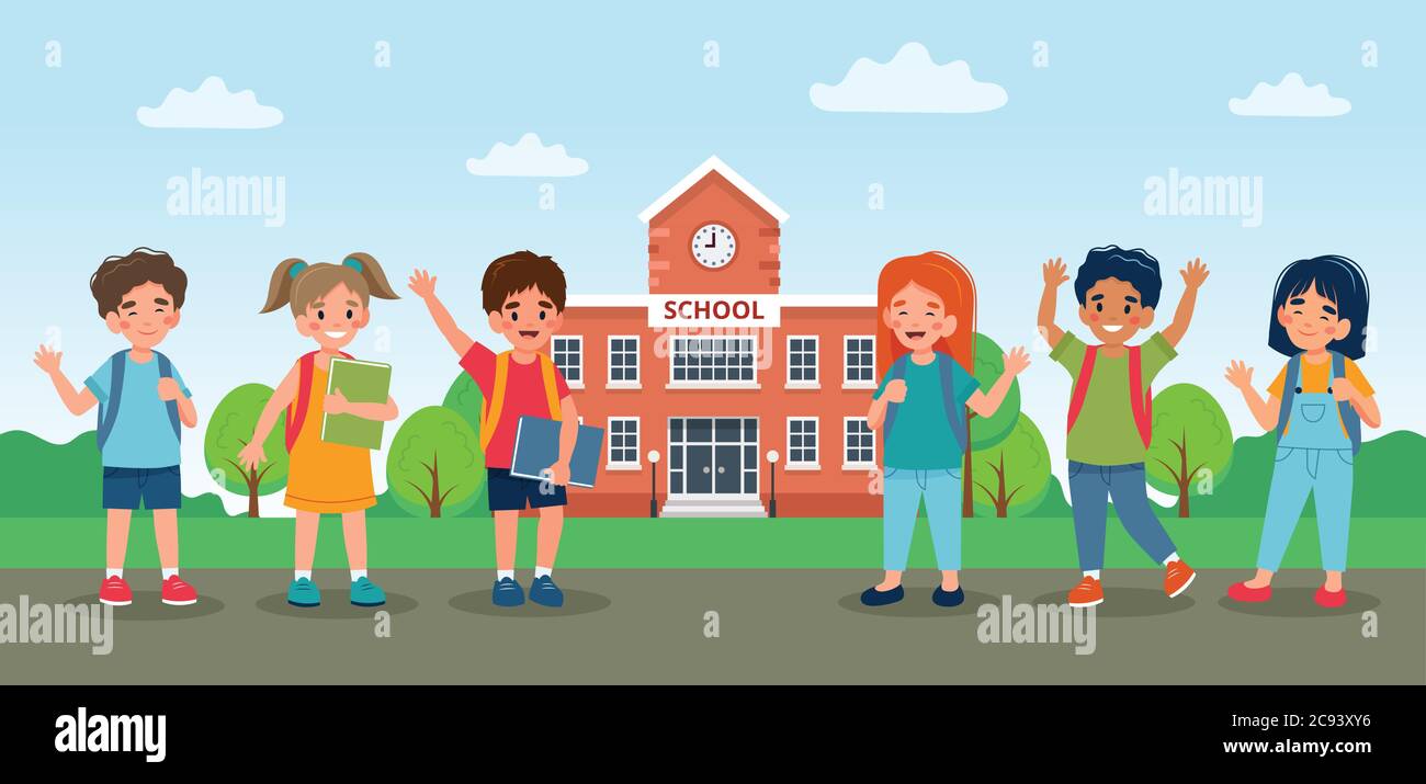 Children walking to school, cute colorful characters. Vector ...