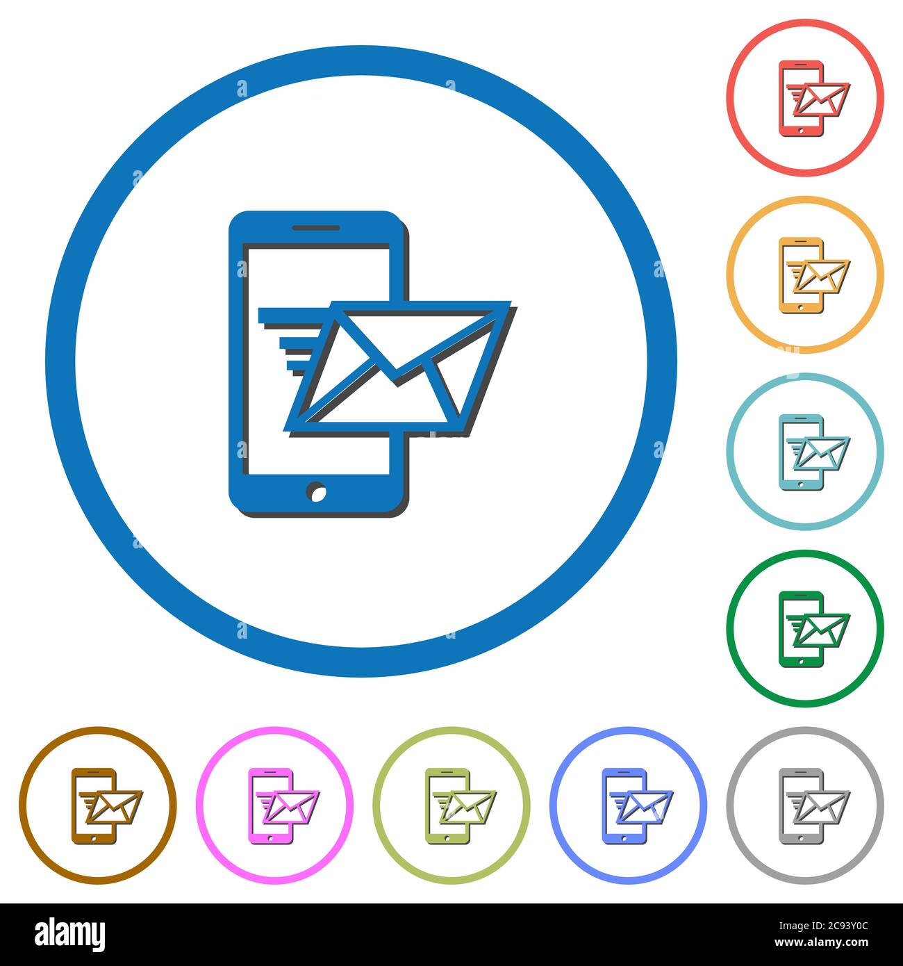 Sending email from mobile phone flat color vector icons with shadows in ...