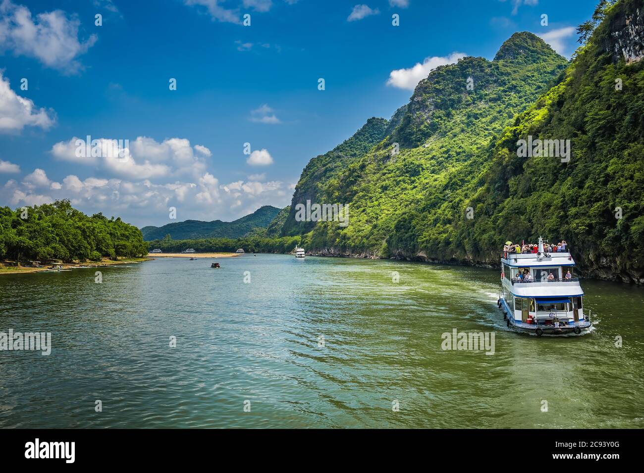 Yangshuo, China - August 2019 : Sightseeing boat carrying tourists ...
