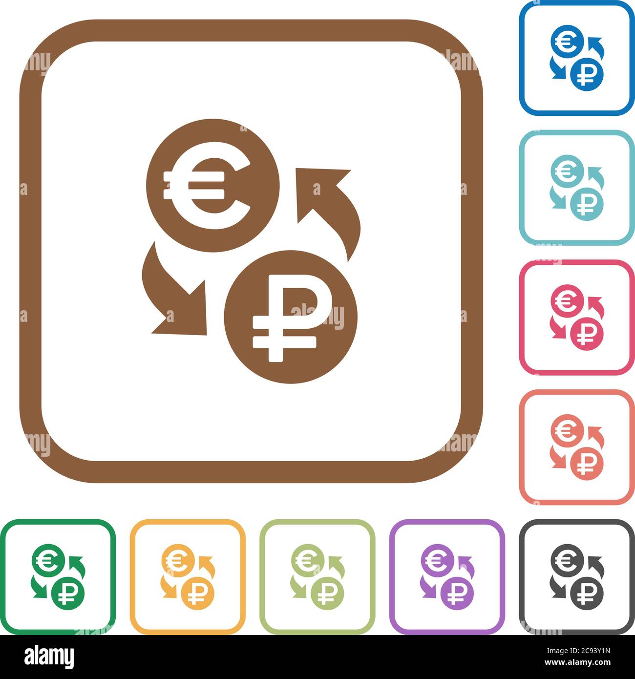 Euro Ruble exchange simple icons in color rounded square frames on ...