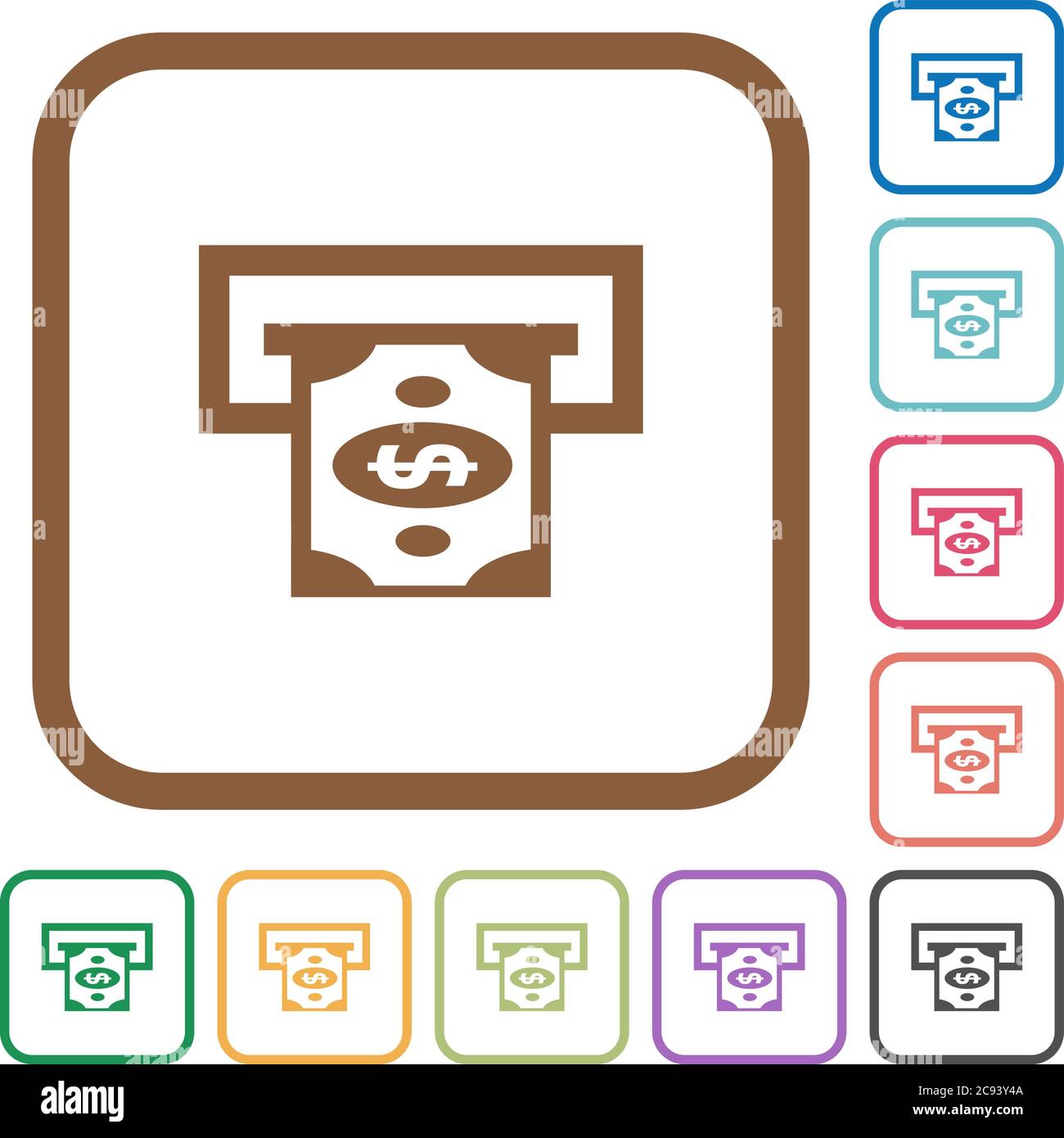 Dollar bank ATM simple icons in color rounded square frames on white ...
