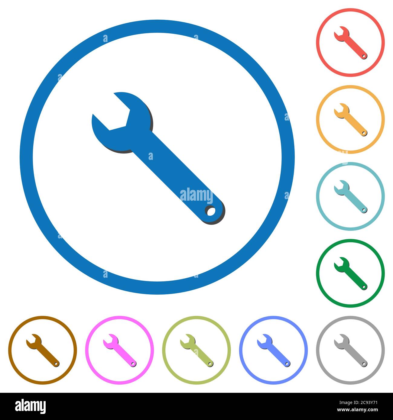 Single wrench flat color vector icons with shadows in round outlines on ...