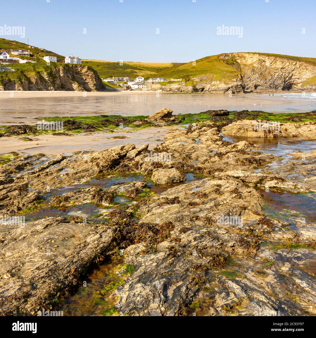Early morning on Portreath beach at low tide - Portreath, north ...