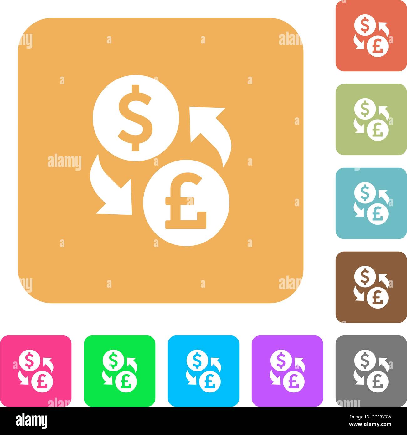 Dollar Pound money exchange flat icons on rounded square vivid color ...