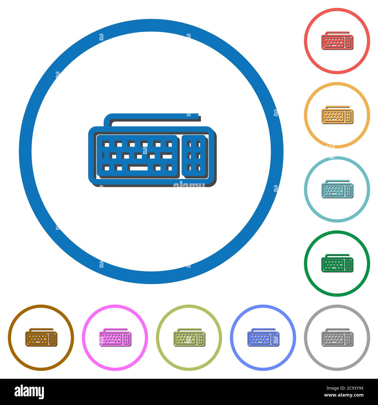 Computer keyboard flat color vector icons with shadows in round ...