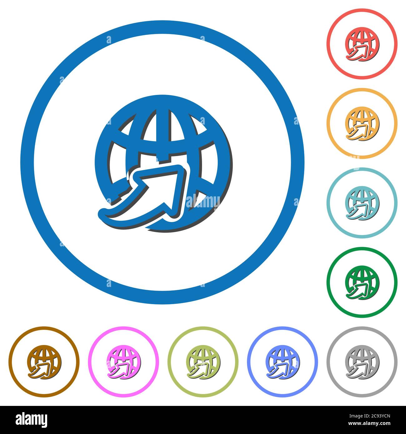 Worldwide flat color vector icons with shadows in round outlines on ...