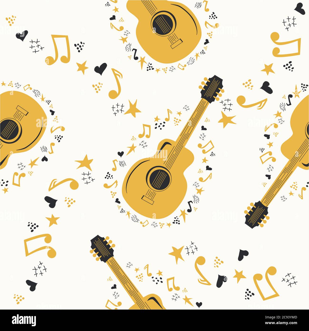 Musical seamless pattern with music notes, guitar. Hand-drawn country ...