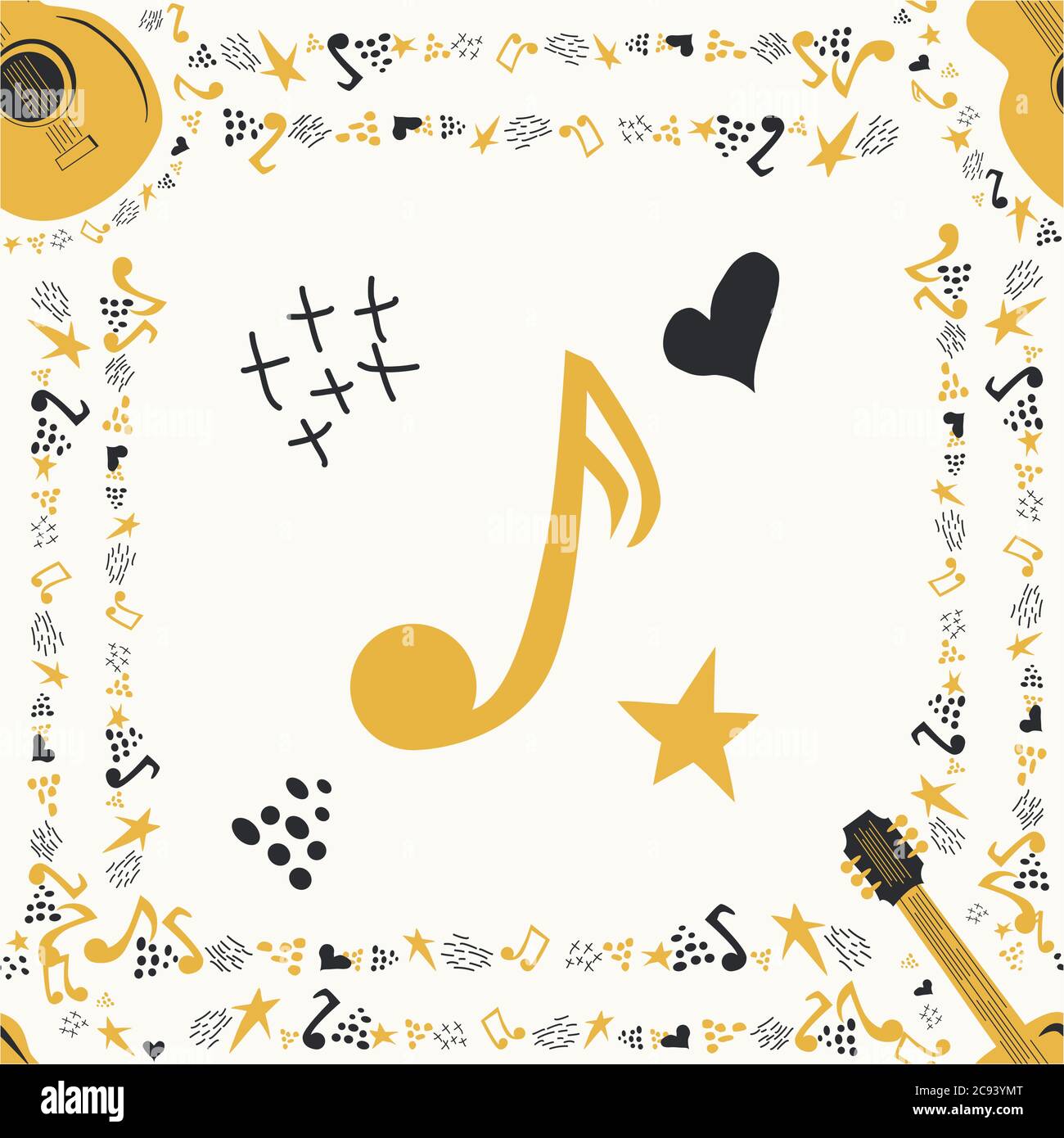 Musical seamless pattern with music notes, guitar. Hand-drawn country ...