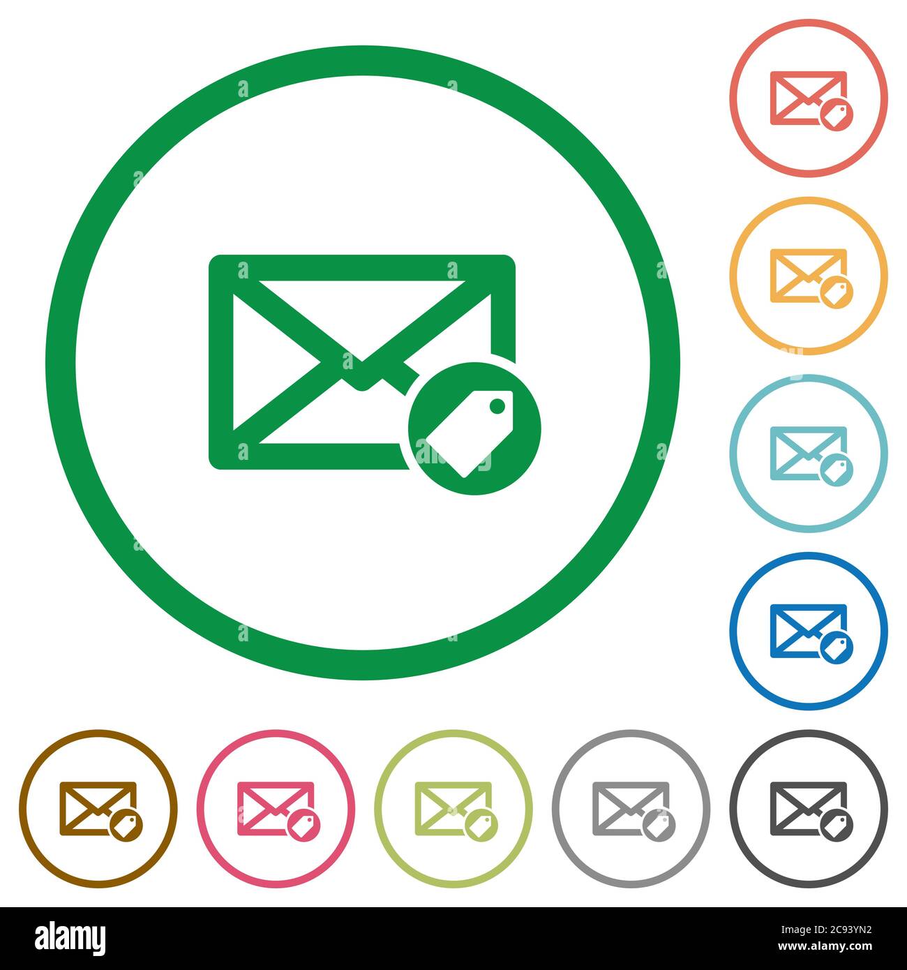 Tagging mail flat color icons in round outlines on white background ...
