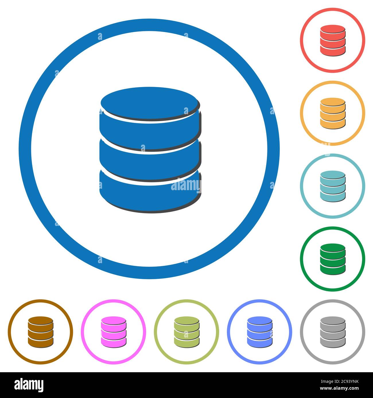 Database symbol flat color vector icons with shadows in round outlines ...