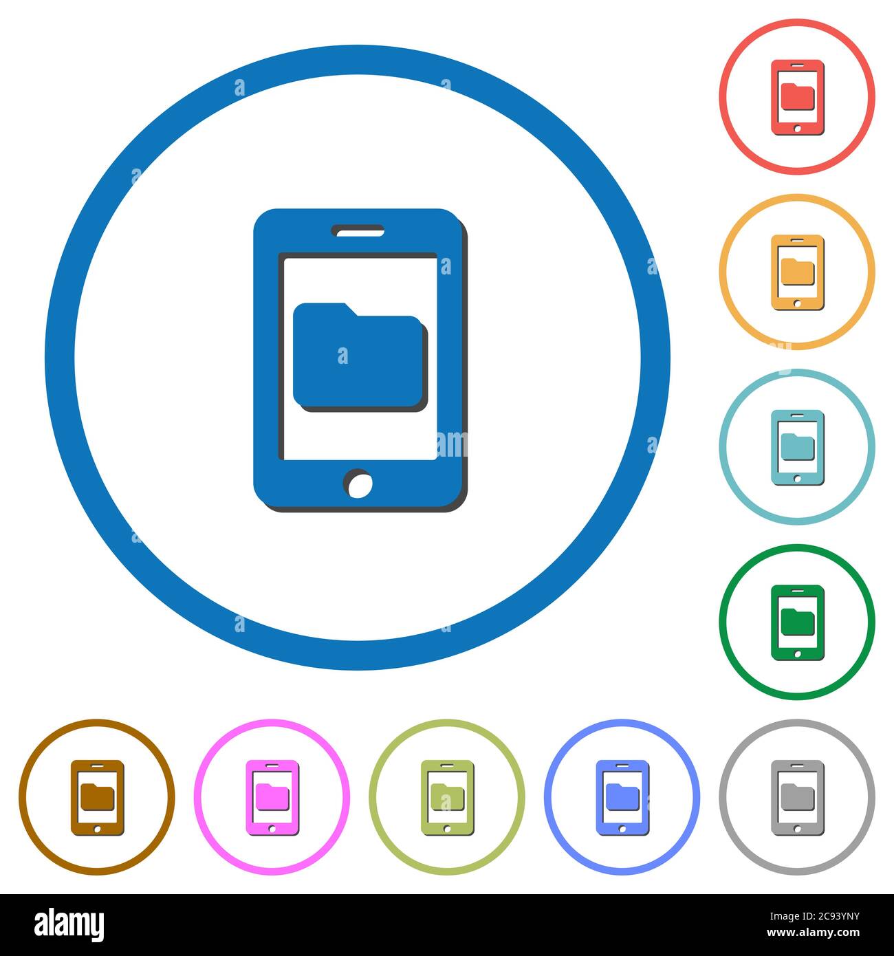 Smartphone data storage flat color vector icons with shadows in round outlines on white ...