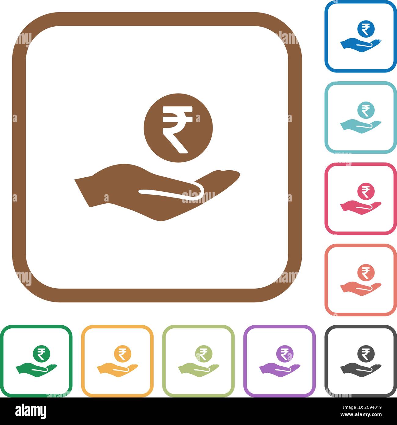 Rupee earnings simple icons in color rounded square frames on white ...