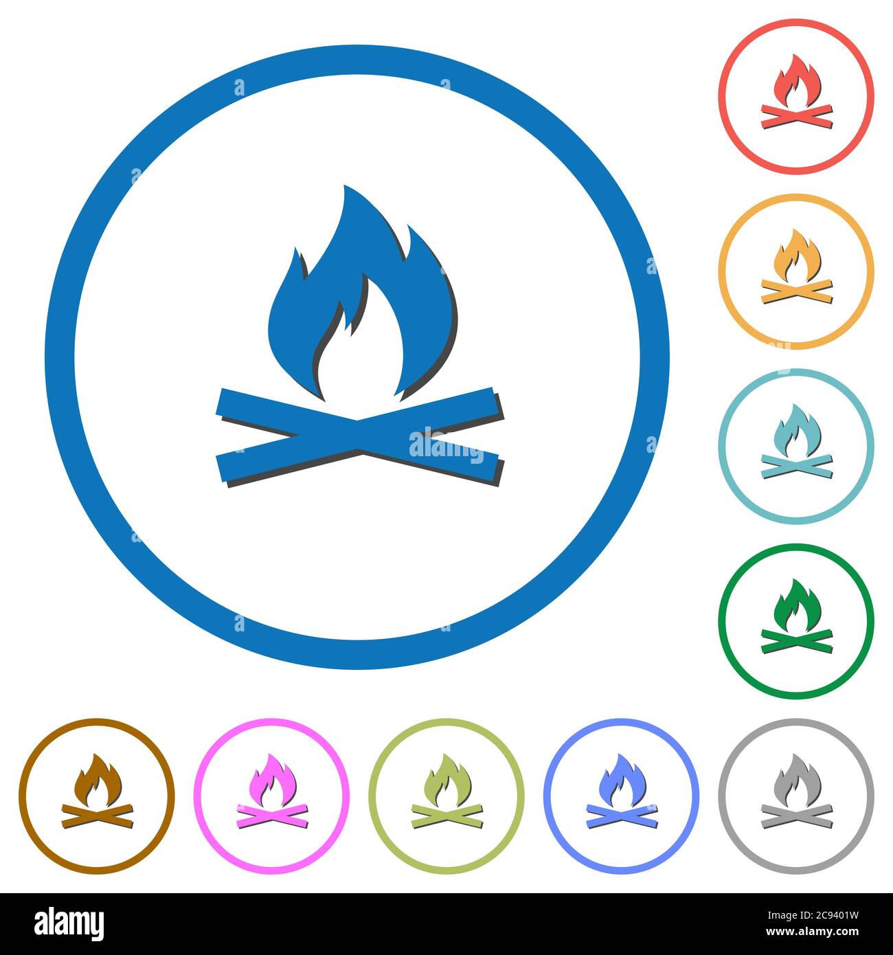 Camp fire flat color vector icons with shadows in round outlines on ...