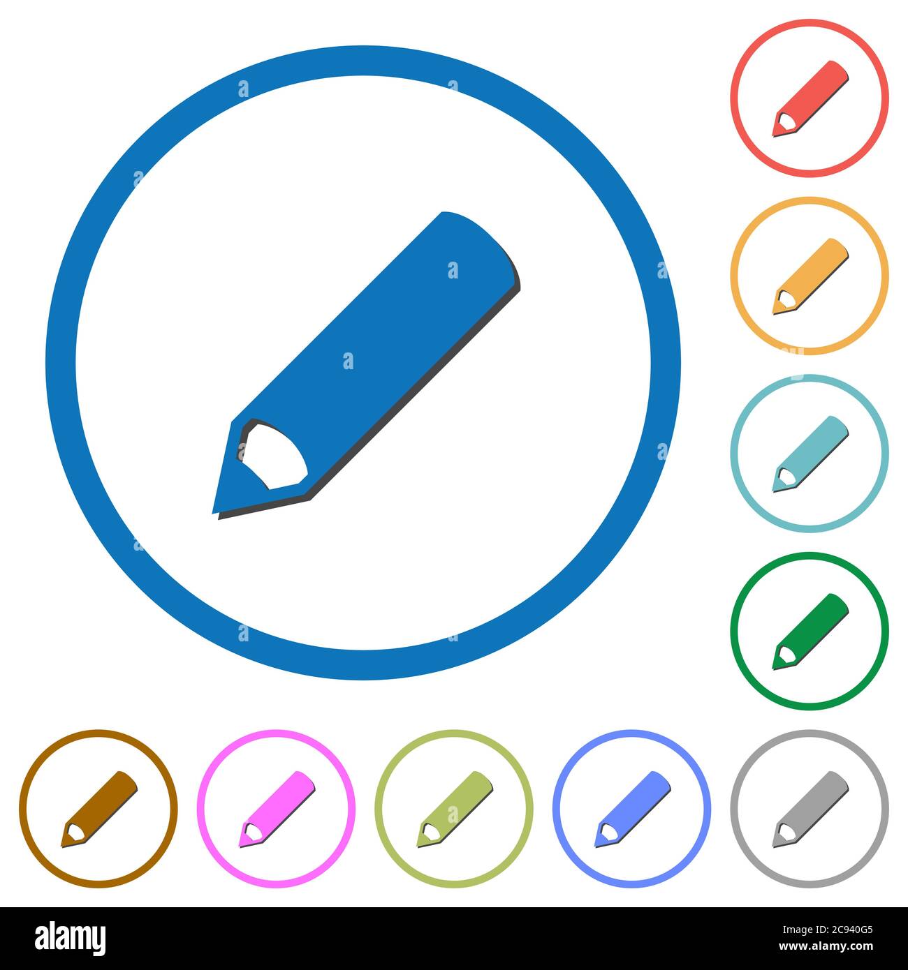 Pencil flat color vector icons with shadows in round outlines on white ...