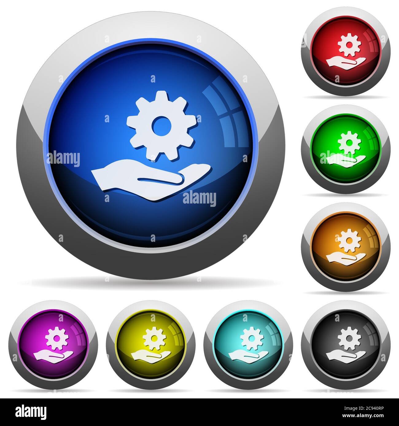 Maintenance service icons in round glossy buttons with steel frames ...