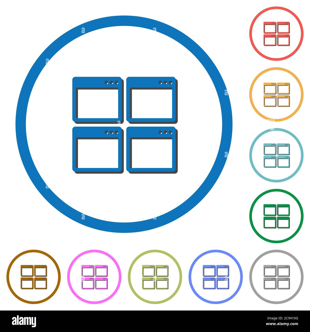 Mosaic window view mode flat color vector icons with shadows in round ...