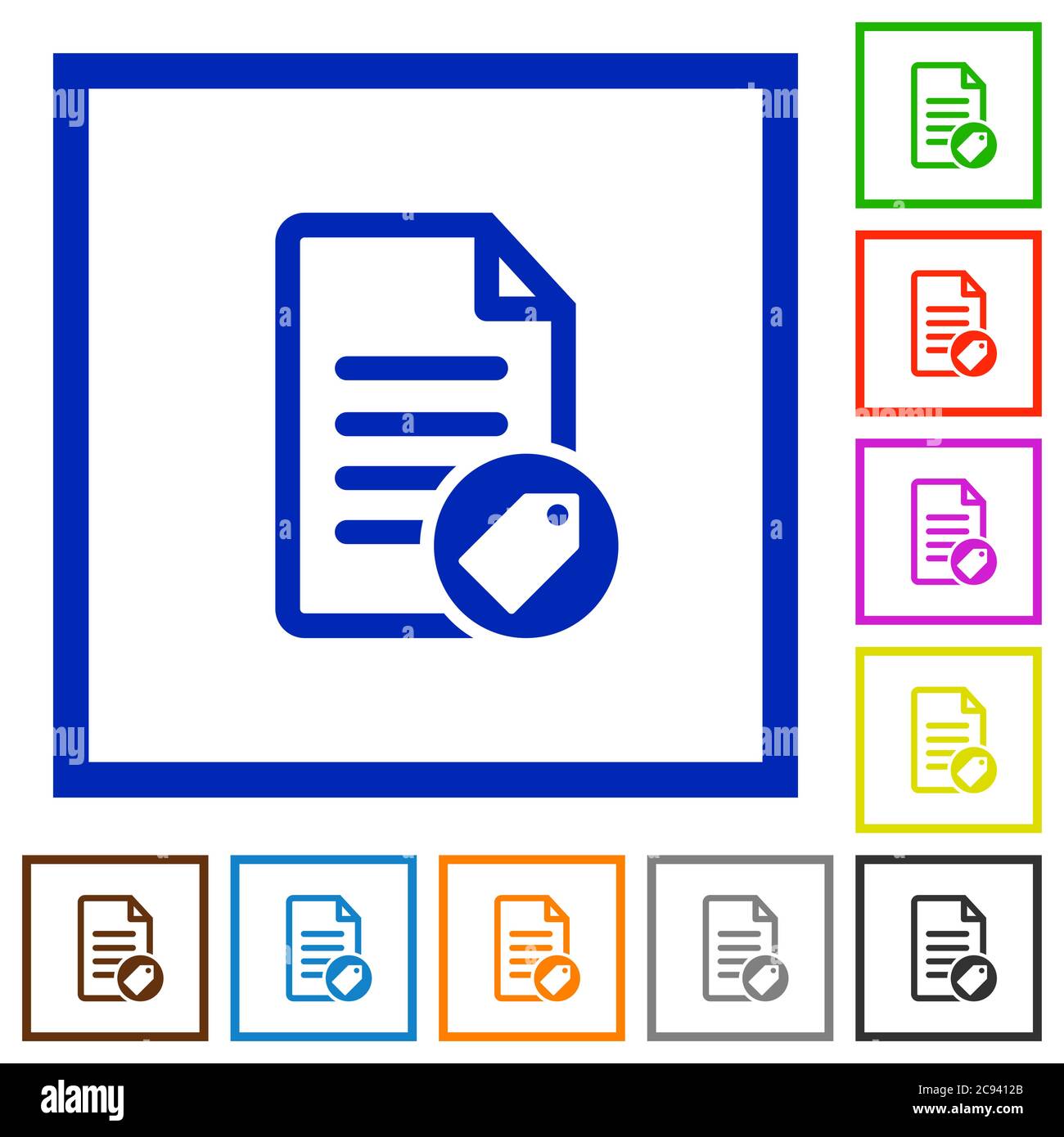 Tagging document flat color icons in square frames on white background ...