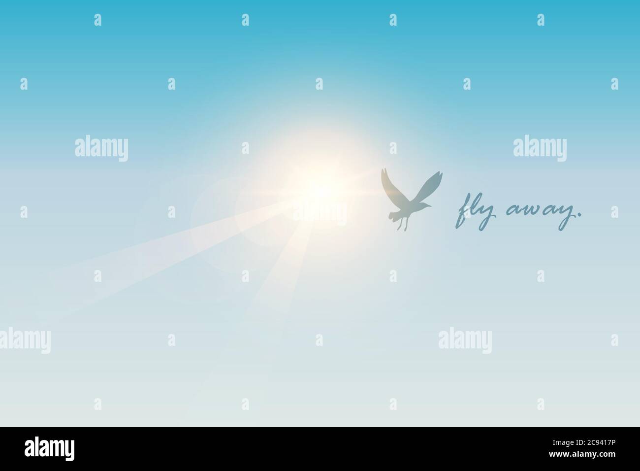 fly away freedom banner with flying bird in blue sky vector ...