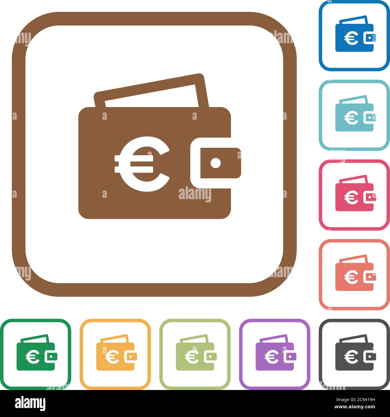 Euro wallet simple icons in color rounded square frames on white ...