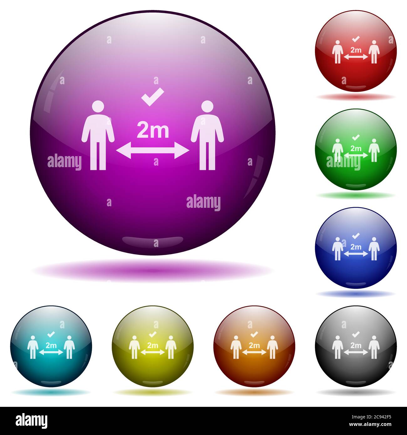 Correct social distancing icons in color glass sphere buttons with ...