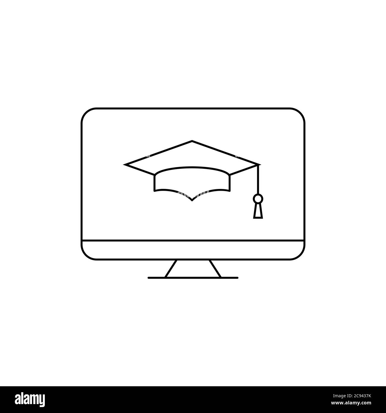 College cap or mortarboard on a computer screen. Online education, e ...